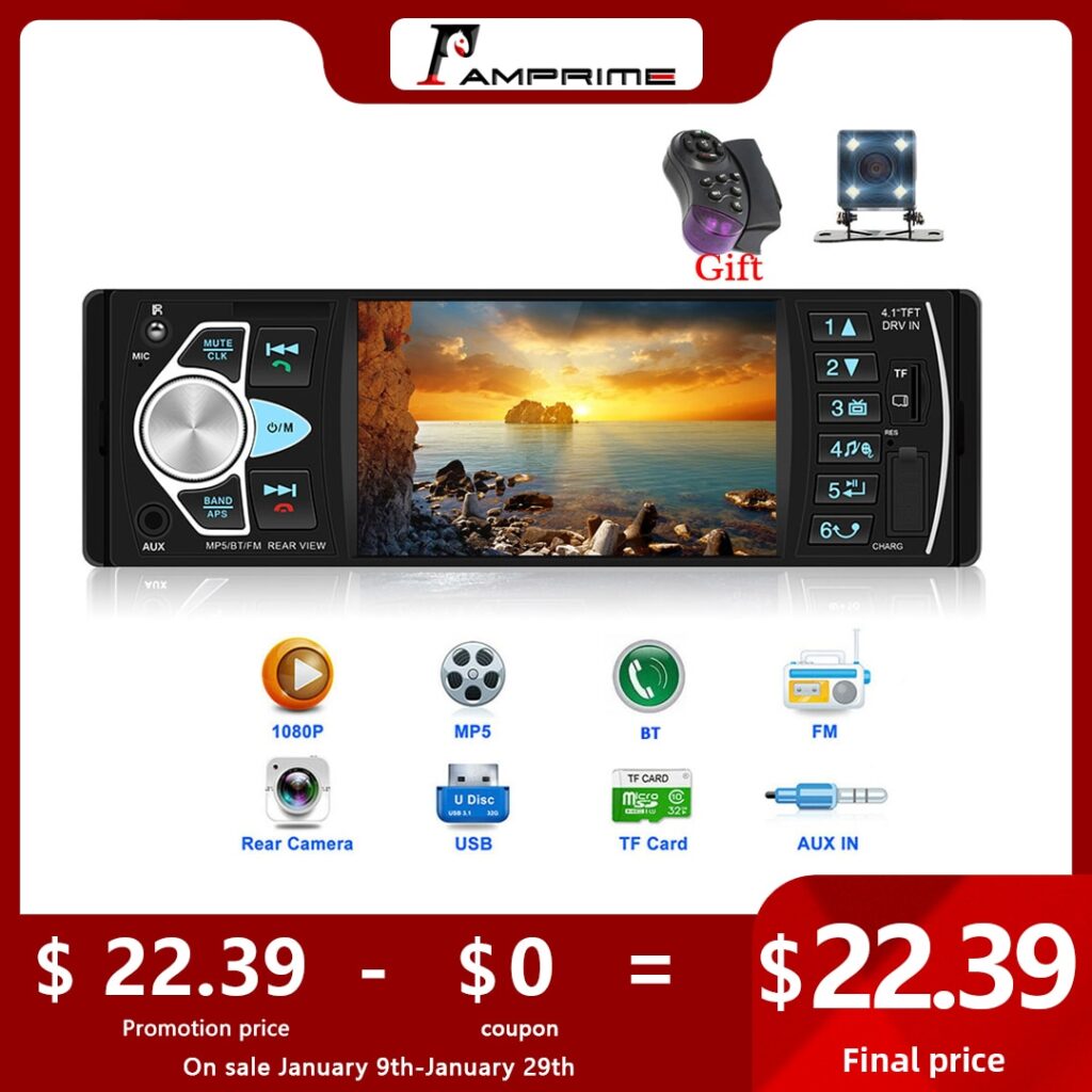 AMPrime Autoradio 4022D 4.1" 1 Din Car Radio Audio Stereo USB AUX FM ...